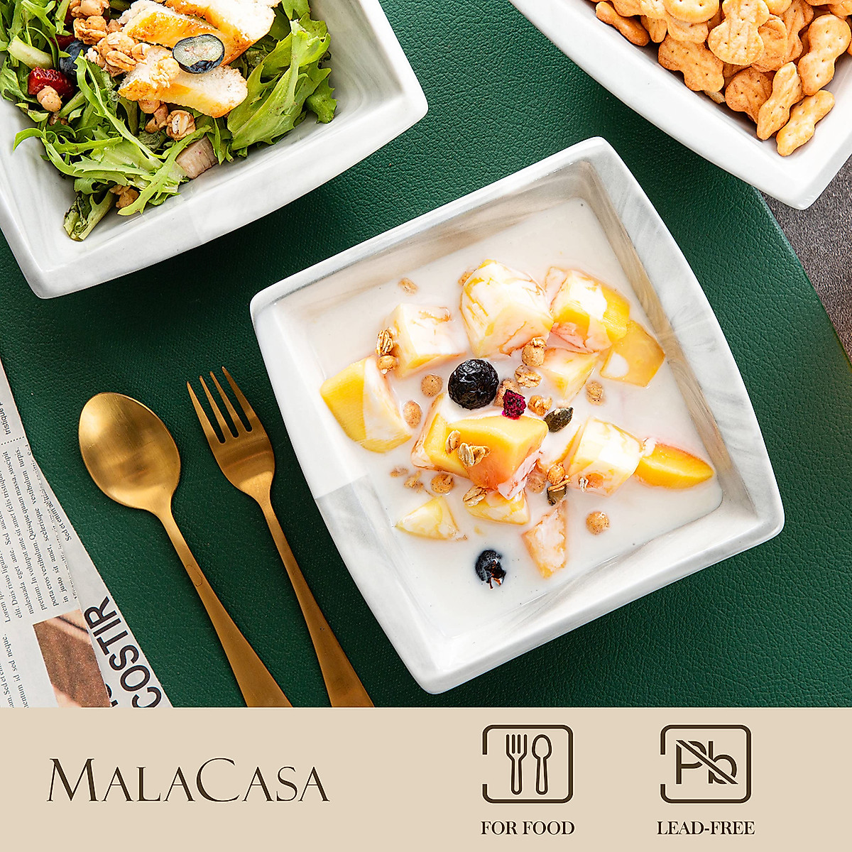 MALACASA Marble Grey Cereal Bowls, 13 Ounce Square Dessert Bowls Side Dish Bowls, Serving Bowls Set for Ice Cream, Salad, Pudding and Pasta, Set of 6, Series Blance