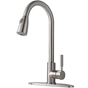 Comllen Single Handle Brushed Nickel Kitchen Faucet, High Arc Stainless Steel Kitchen Sink Faucet with Pull Down Sprayer, Modern Pull Out Faucet for Kitchen Sink with Deck Plate