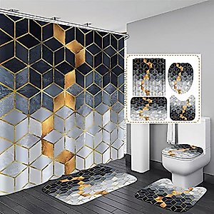 LQCOOL 4Pcs Dark Blue Gradient Shower Curtain Set,Golden Cubic Lines Bathroom Set Texture Bathroom Decor Set Modern Art Bath Accessories with Mats