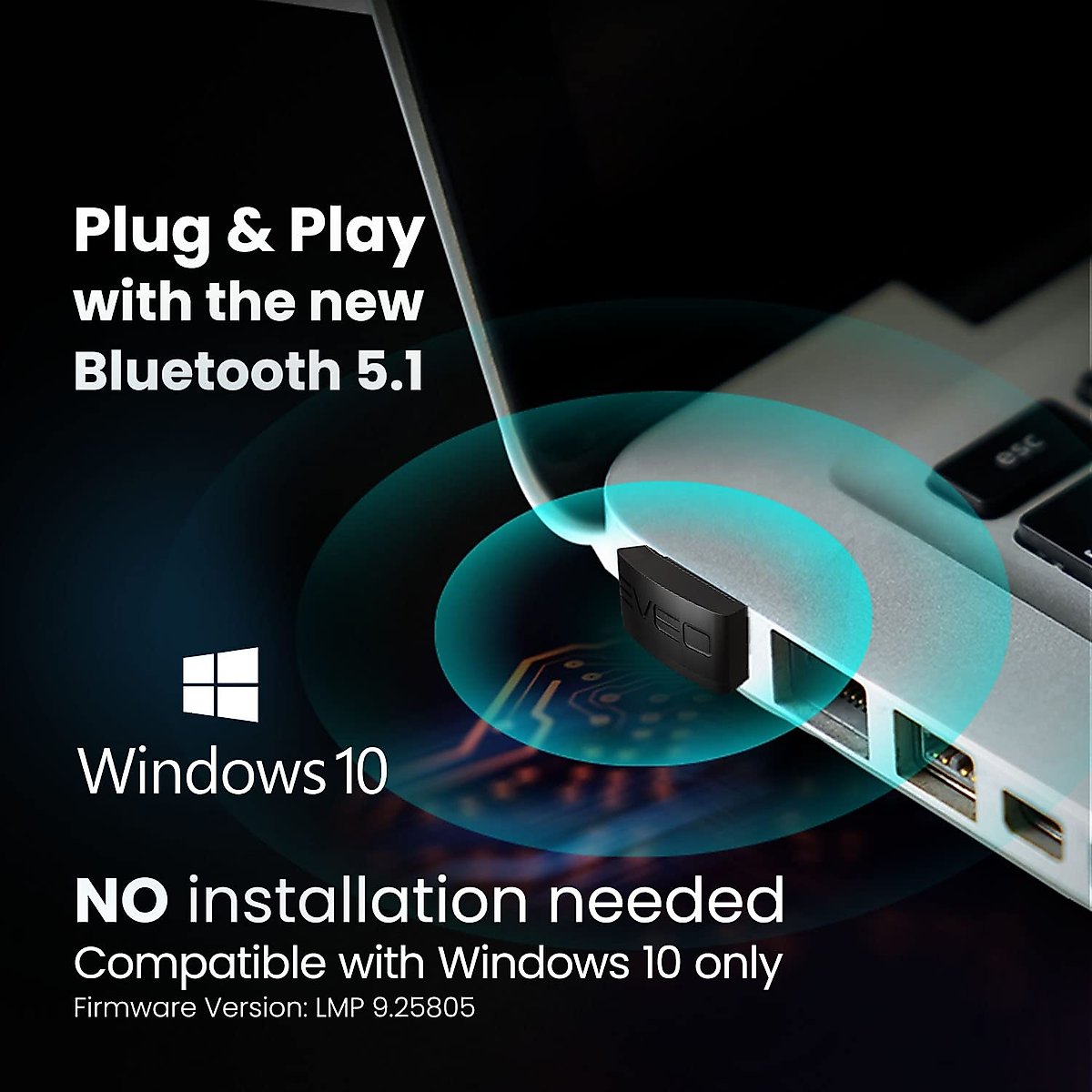 EVEO Bluetooth Adapter for PC 5.1 - Bluetooth Dongle 5.1 Adapter for Windows 10 Only (Plug & Play) for Desktop, Laptop, Printers, Keyboard, Mouse, Headsets, Speakers - USB Bluetooth 5.1 Dongle -2 Pack