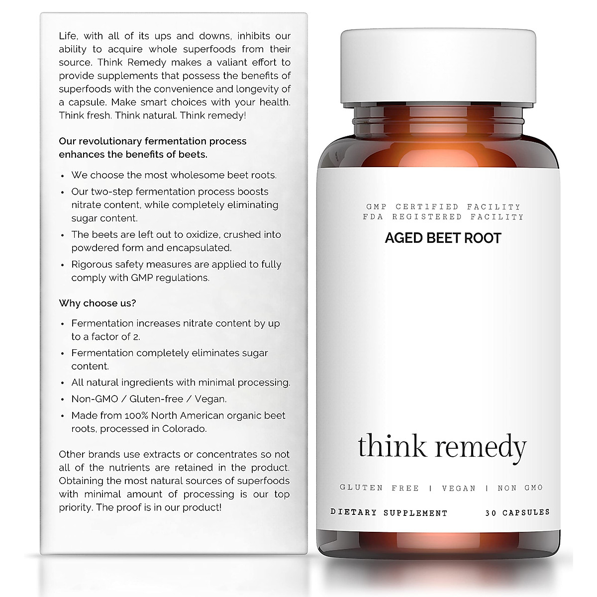 Think Remedy Aged Beet Root Capsules - Beet Pills for Stamina - Organic Beet Root Powder - Nitric Oxide Supplement - Nitrate No Sugar - 30 Capsules - Beet Root Supplement - Super