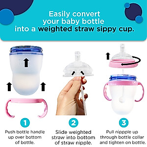 Straw Transition Cup Kit for Comotomo Baby Bottles | Conversion Kit Fits 5 Ounce and 8 Ounce Bottles | Soft, Silicone Straw Top Bottle Nipple & Weighted Straw to Help Baby Transition | 2 Pack (Pink)