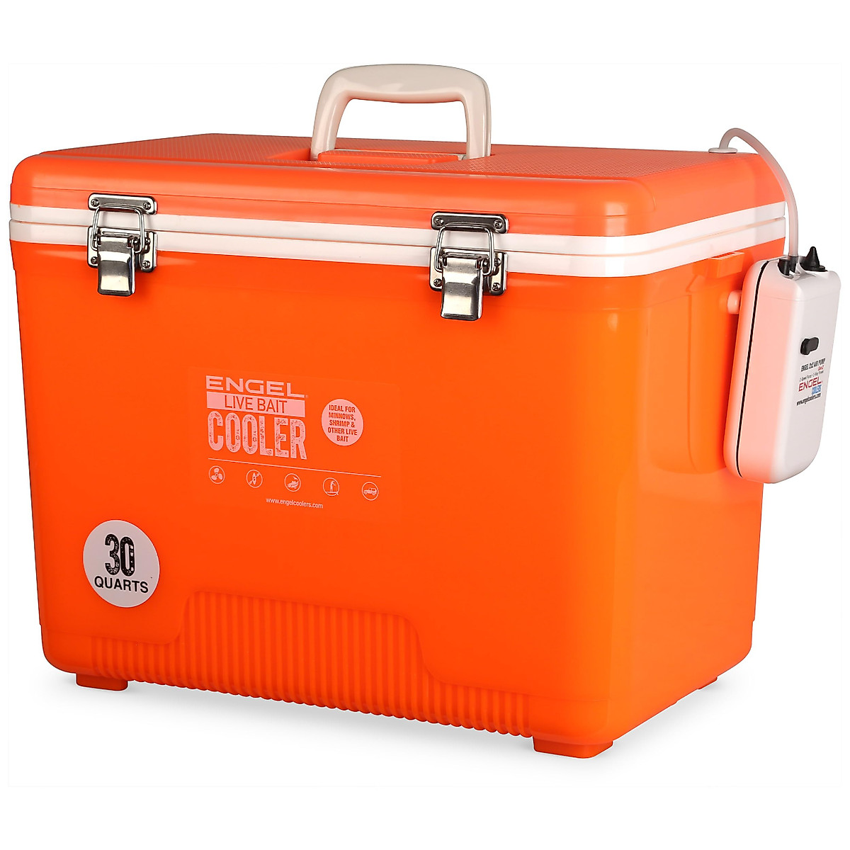 Engel 30qt Live Bait Cooler Box with 2nd Gen 2-Speed Aerator Pump - Portable Fishing Station & Minnow Bucket for Shrimp & Other Live Fish with Aerator - ENGLBC30-N in Orange High-Visibility