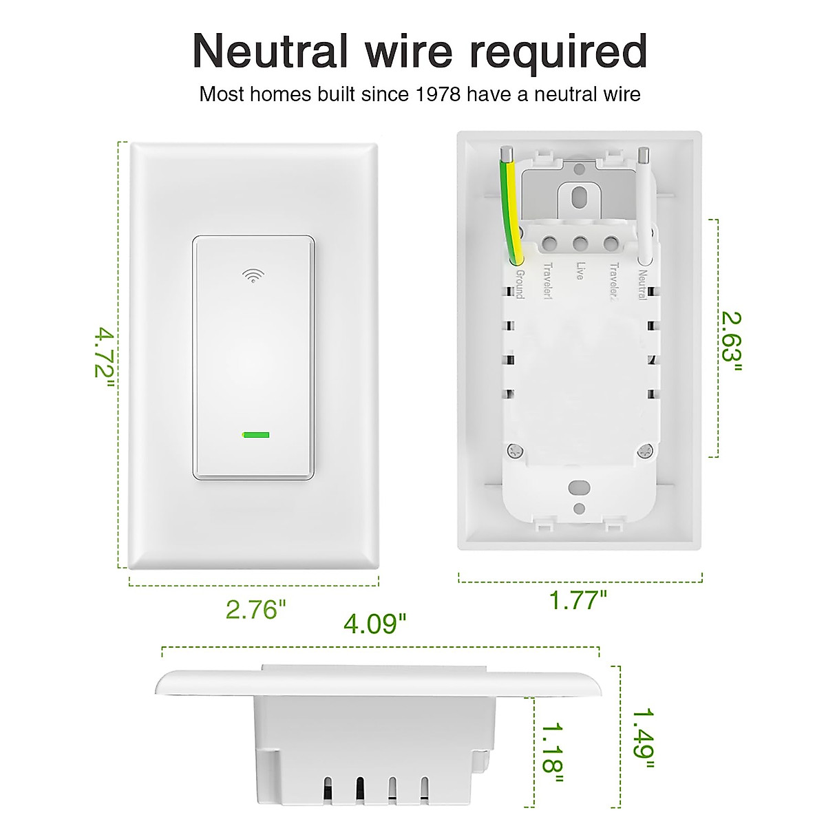 GHome Smart Switch, 3 Way Light Wi-Fi Switch Compatible with Alexa and Google Home, 2.4GHz Schedule Timer, Neutral Wire Required, 3-Way Installation and No Hub Required, FCC Listed (2-Pack)