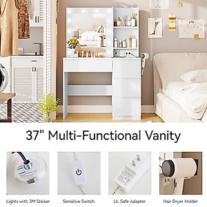 Fameill Makeup Vanity with Lights, 4 Drawers Makeup Table with Lighted Mirror, 37inch Vanity Desk with Power Strip, 3 Lighting Modes, White