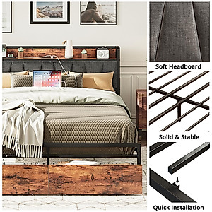 LIKIMIO Queen Bed Frame, Storage Headboard with Charging Station, Platform Bed with Drawers, No Box Spring Needed, Easy Assembly, Vintage Brown and Gray