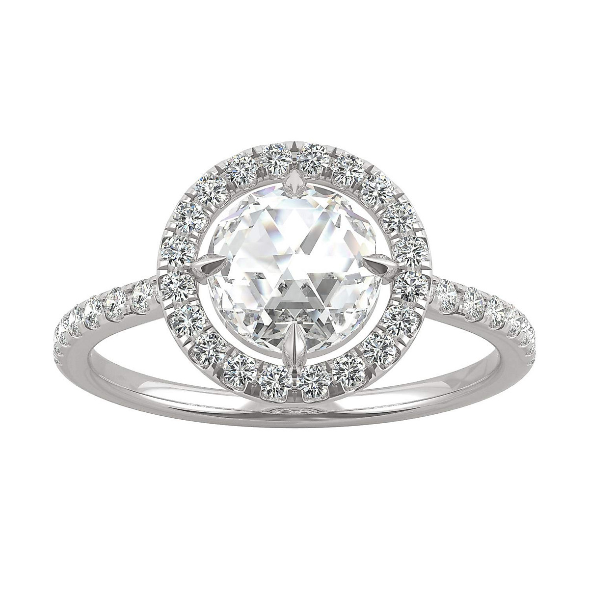 Charles & Colvard 14K White Gold Moissanite 7mm Duet Rose Halo Ring-size 5.5 1.56cttw DEW