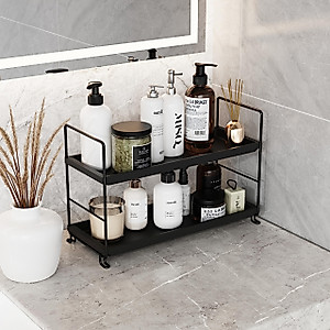 NLBTW 2-Tier Bathroom Countertop Organizer, Kitchen Spice Rack or Vanity Tray Makeup Shelf Skincare Lotion Cosmetics Perfume Organizers Bedroom Storage Tray (Black & Black)