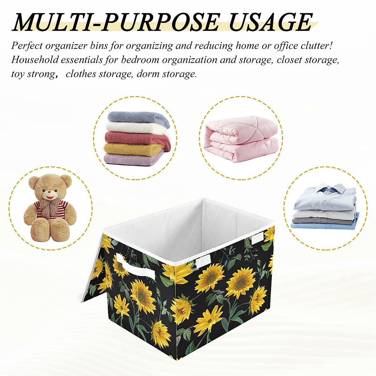 Vnurnrn Collapsible Storage Bins with Lids, Sun Flower Yellow Flowers Foldable Storage Boxes, Storage Box Cube with Lid for Clothes,Bedroom,Toys,16.5x12.6x11.8 Inch