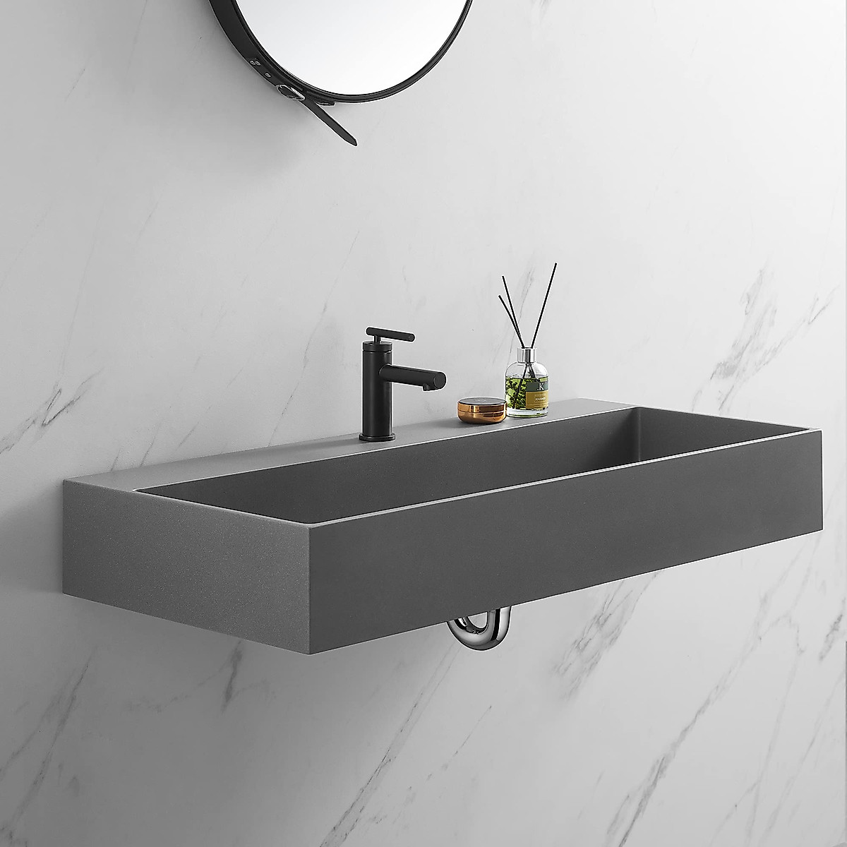 Serene Valley Bathroom Sink, Wall-Mount Install or On Countertop, 40" with Single Faucet Hole, Premium Granite Material in Matte Gray