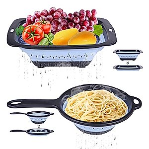COMUSTER SET - 2 Collapsible Colanders (Strainers), Sizes 7.8" - 2 Quart and 9" - 3 Quart - Perfect for Your Vegetables, Fruits, Pasta & More - With Handle and Square Folding Colander (Blue )