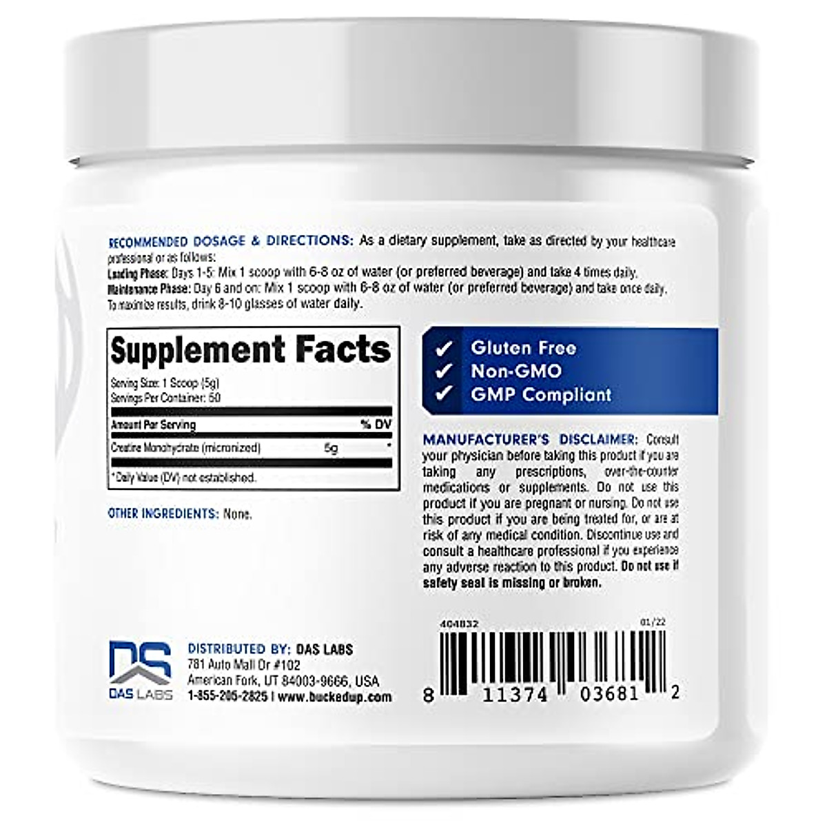 Bucked Up Creatine Monohydrate 250 Grams Micronized Powder, Essentials (50 Servings)