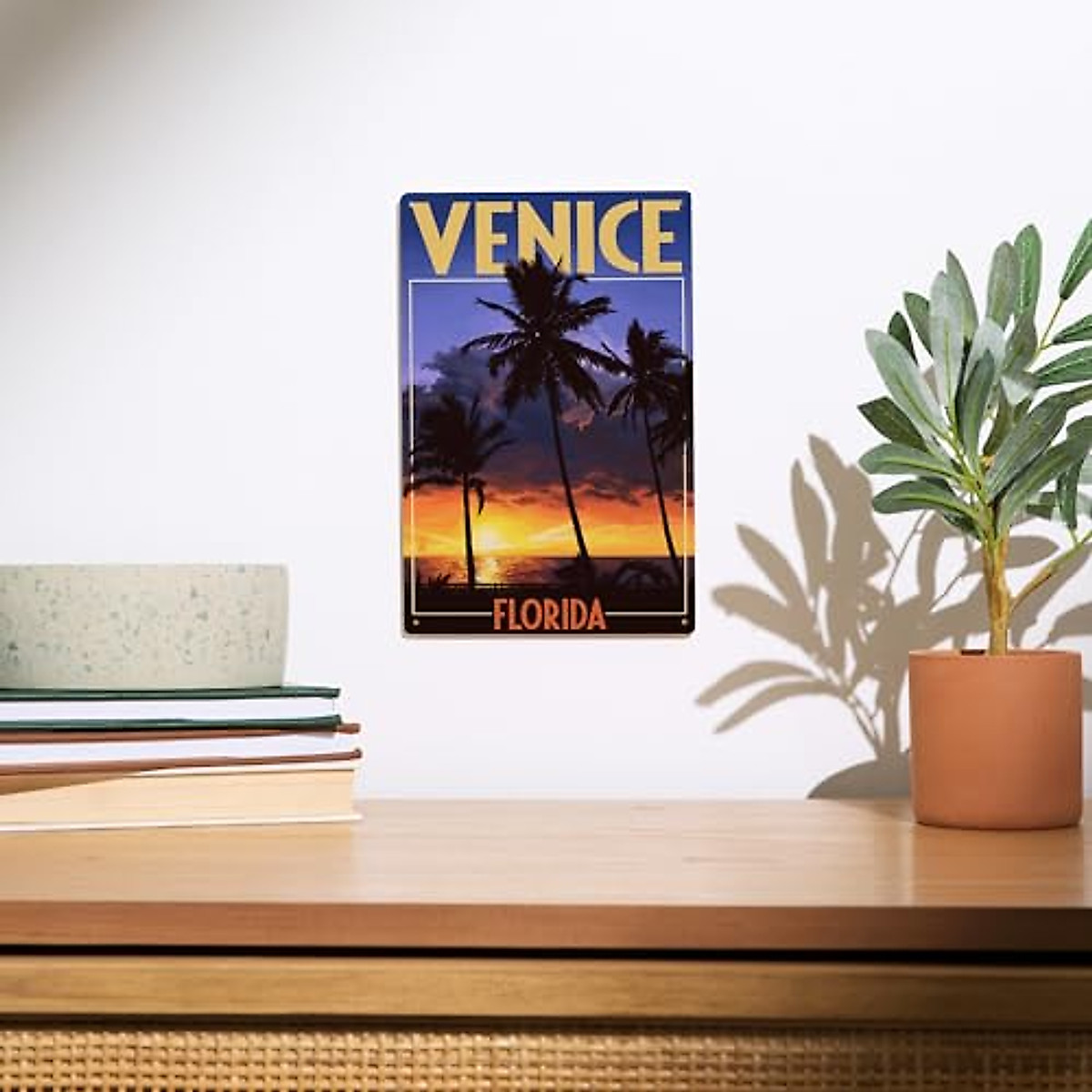 Lantern Press 6x9 Inch Wood Sign, Ready to Hang Wall Decor, Venice, Florida, Palms and Sunset