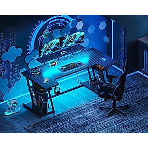 MOTPK Gaming Desk with LED Lights, 60 Inch U Shaped Desk with Power Outlet, Gaming Computer Desk with Storage Shelves, PC Gaming Table with Monitor Stand&Headphone Hook, Carbon Fiber Texture, Black