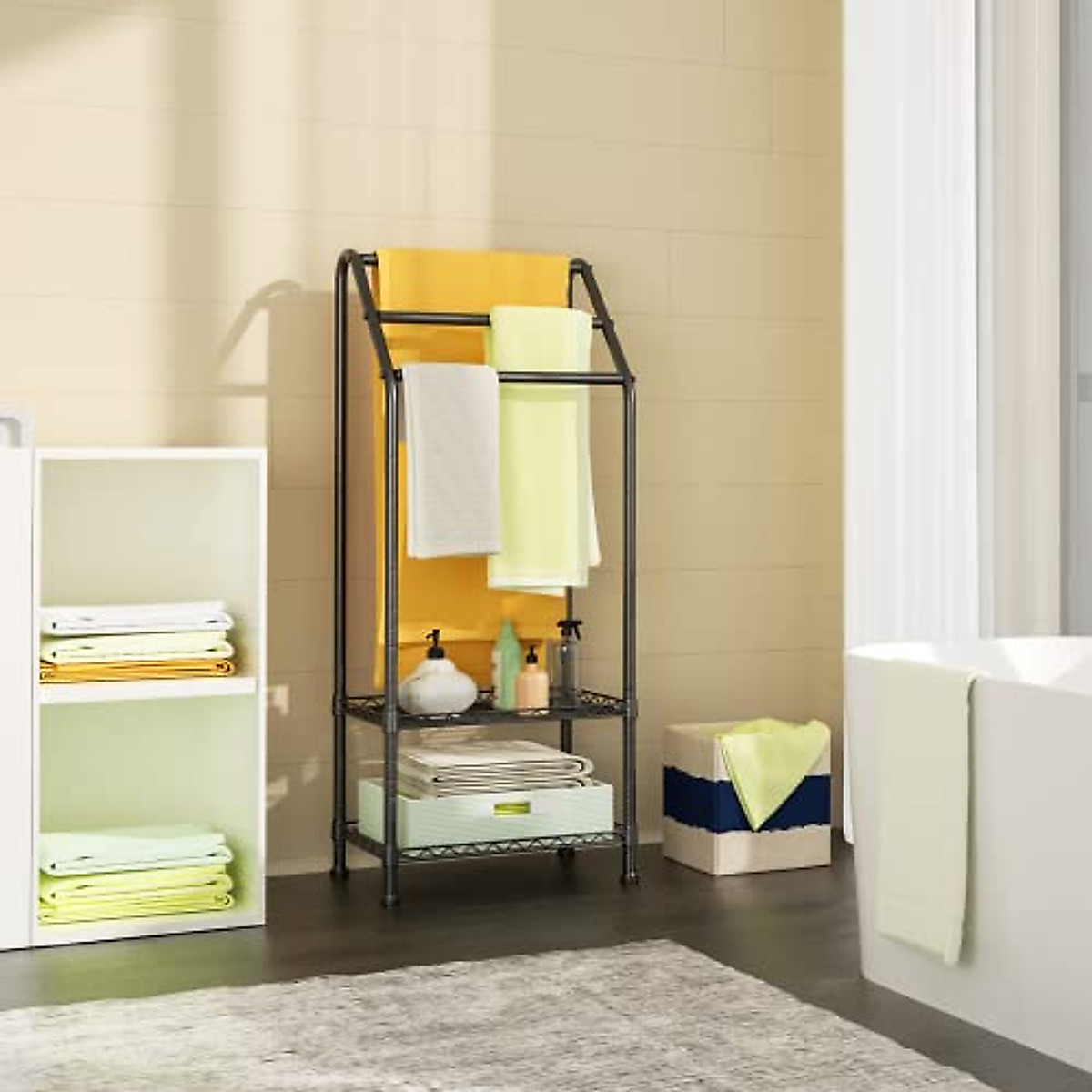 FUTASSI 3 Tiers Free-Standing Towel Rack, 51.2" Portable and Adjustable Metal Bathroom Storage Organizer, Lightweight Bath Towel Standing Shelf for Swimming Pool, 51.2”H x 16.1”W x 11.8”D, Black