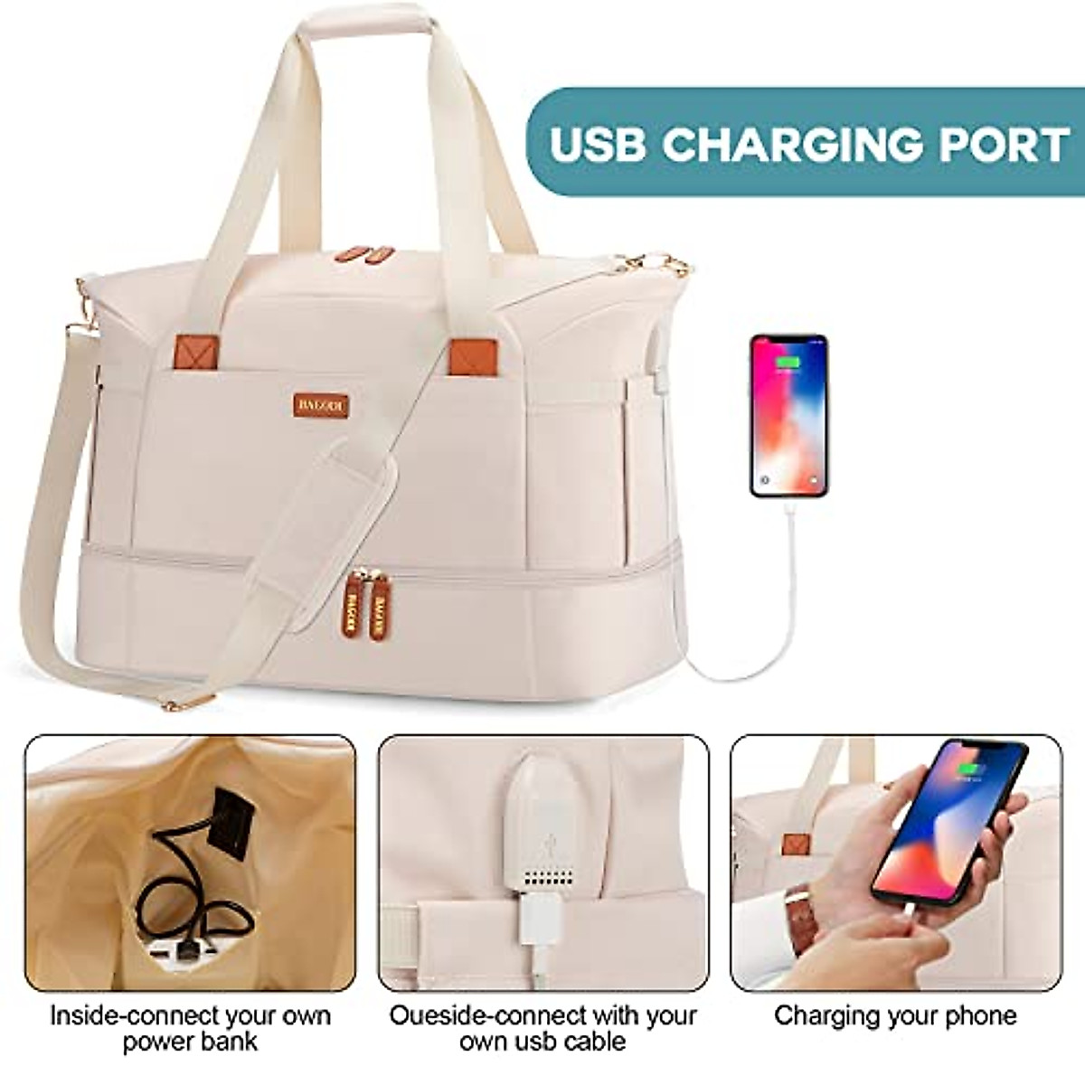 BAGODI Gym Bag for Women, Weekender Overnight Bag with USB Charging Port, Sport Travel Duffel Bag with Wet Pocket & Shoe Compartment, Carry on Tote Bag for Travel/Gym/School 5 Pcs Set, creamy-white