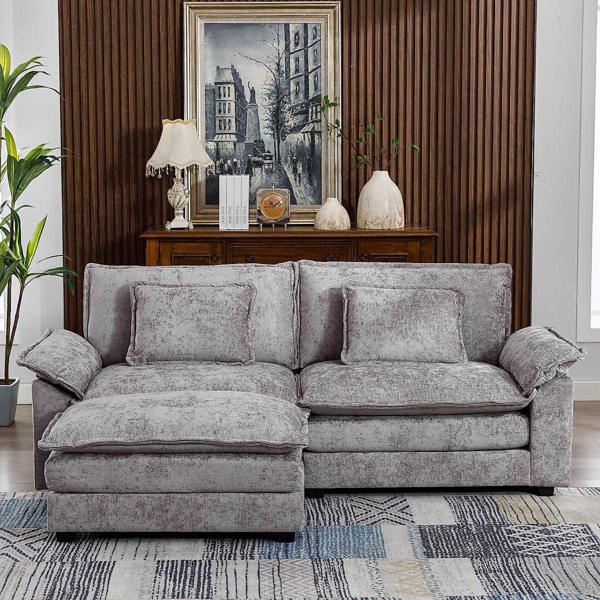 85.8" Modern Sectional Couch Sofas for Living Room, Chenille Fabric Double-Upholstered Comfy Sleeper Sofa, Wide Loveseat Couches with Chaise for Bedroom, Apartment, Office (Light Grey)