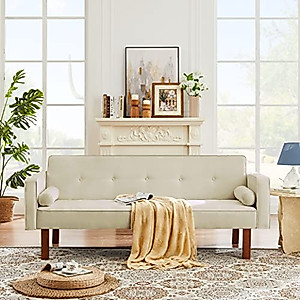 MWrouqfur Modern Fabric Sofa Bed Futon,Convertible Sleeper Loveseat with 2 Pillows and Armrests,75' Folding Recliner Couch Bed with Solid Wood Legs for Living Room Apartments Office (Beige), (0513)