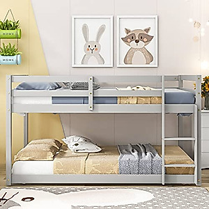 Majnesvon Twin Over Twin Low Bunk Bed with Safety Guardrail, Climbing Ladder, Easy to Assemble, Saving Space, Bed Bedroom Storage Guard Rail Ladder(Gray)