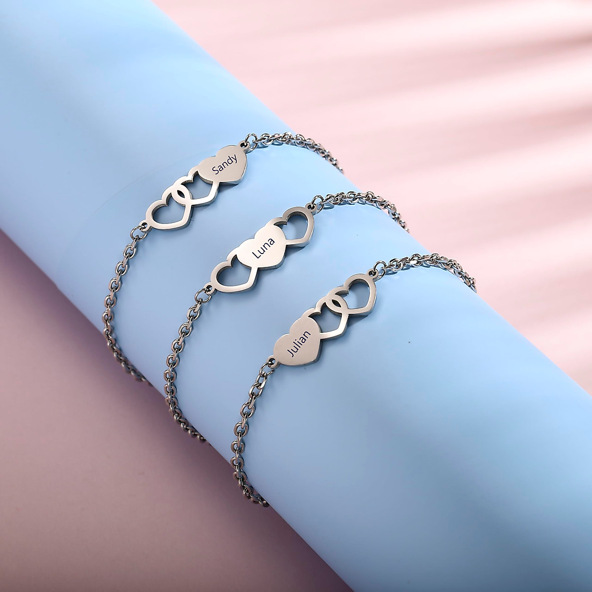 AOTXOXTOA Customized 2-3 Pieces Heart Bracelets Engraving Best Friendship Bracelet Set Stainless Steel Personalized Names for Sisters BFF Women Birthday Wedding Bridesmaid Gifts