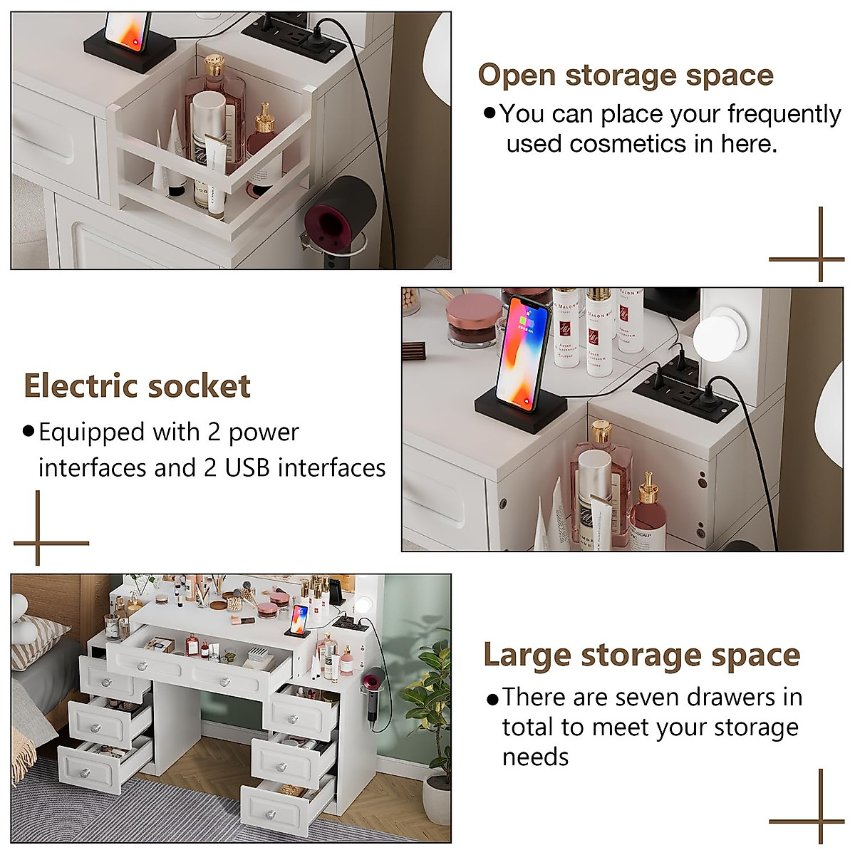 FURNJOYLIFE Farmhouse Makeup Vanity Desk with Lighted Mirror & Power Outlet, Vanity Dresser Table with 3 Lighting Modes Brightness Adjustable,7 Drawer,2 Shelves,Hair Dryer Stand for Bedroom,White