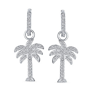 Hawaiian Nautical Pave CZ Cubic Zirconia Huggie Mini Hoop Dangle Charm Palm Tree Earrings For Women Teen .925 Sterling Silver