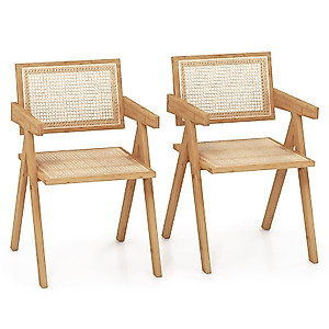 Giantex Boho Cane Dining Chairs Set of 2, Max Load 330 Lbs, Wooden Dining Chairs, Bamboo Accent Armchair for Living Room, Dining Room, Natural