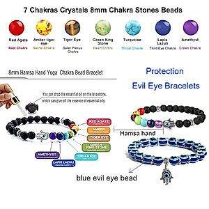 RUIZHEN 2Pcs Evil Eye Hamsa Blue Beaded Charm Stretch Bracelet 7 Chakras Gemstone Lava Stone Hamsa Hand Evil Eye Bracelet (blue bead +7 Chakras)