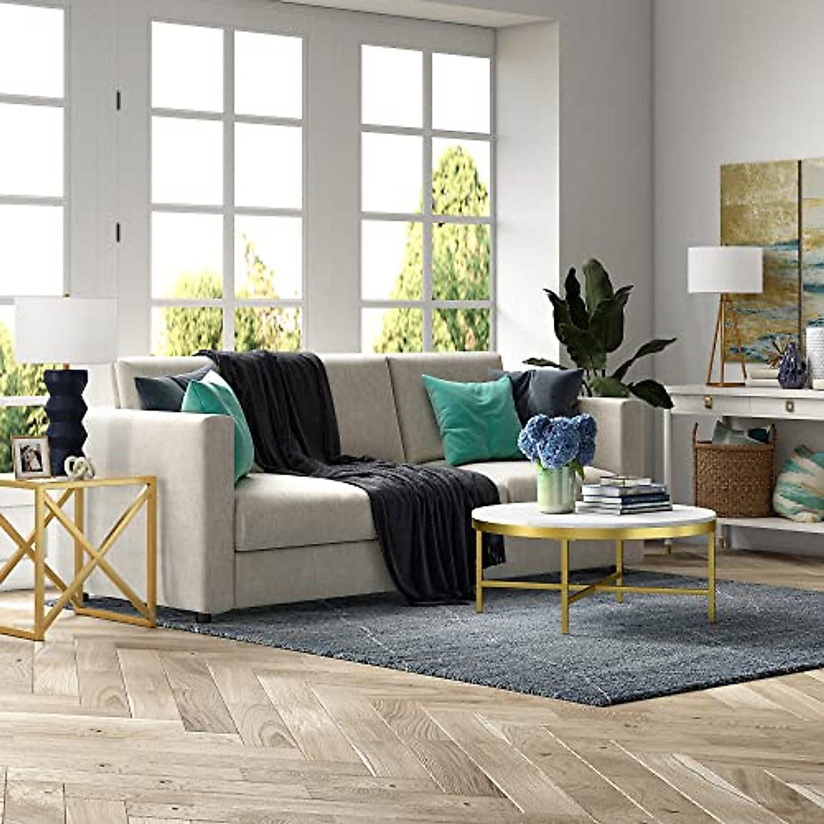 Henn&Hart 36" Wide Round Coffee Table with Faux Marble Top in Brass/Faux Marble, Modern coffee tables for living room, studio apartment essentials