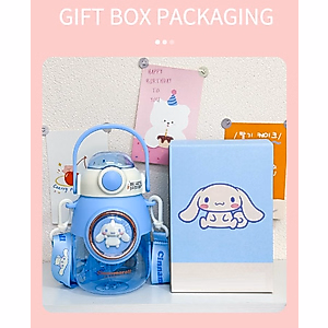 28 oz Kawaii Water Bottle for Girls, Cute Water Bottles with Straw and Shoulder Strap, Large Capacity Portable Summer Leak Proof Water Bottle for Kids,820ML (Blue)