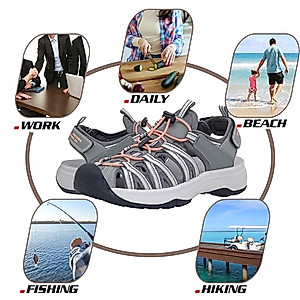 GRITION Womens Hiking Sandals, Ladies Closed Toe Walking Athletic Outdoor Sandles Comfort Adjustable Sport Beach Water Shoes Summer Grey (6.5 US / 37 EU)