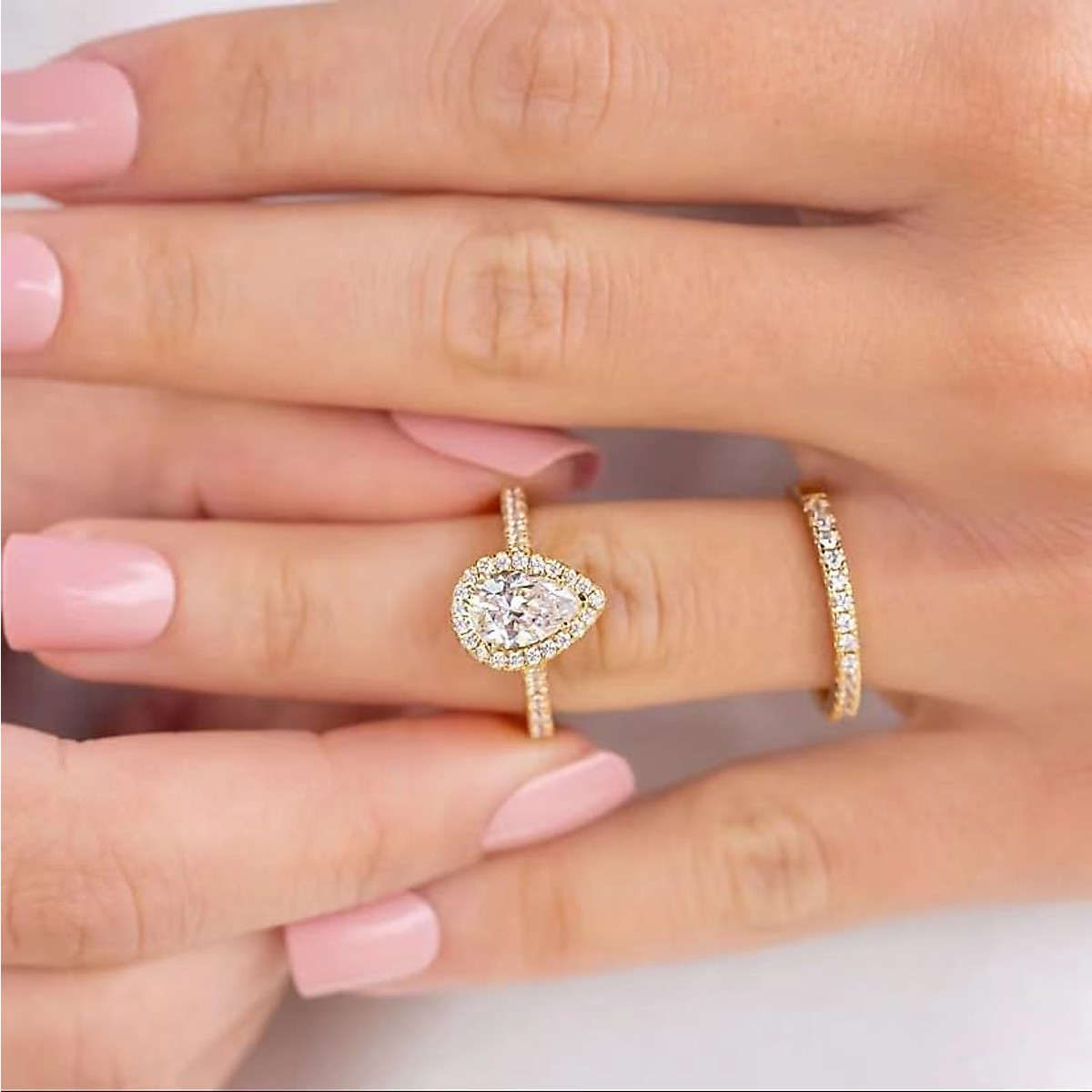 Aojun 14K Gold Vermeil S925 Sterling Silver Pear Shaped Cubic Zirconia Promise Halo Engagement Promise Eternity Ring for Women (Water Drop Gold, 5)