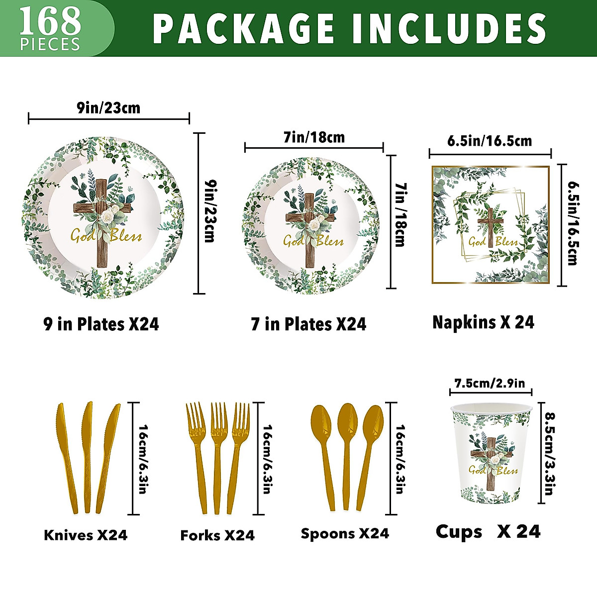 168Pcs God Bless Plates and Napkins Baptism Tableware Set First Holy Communion Party Decorations Mi Bautizo Eucalyptus Leaves Sage Paper Plates Christening Celebration Baby Shower Supplies,Serve 24