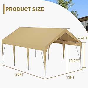 GarveeLife Carport 13'x20' Heavy Duty Car Canopy UV Resistant Waterproof Portable Garage for Car, Storage Shed, Party, Khaki