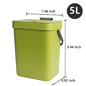 VIGIND Hanging Small Trash Can with Lid Under Sink for Kitchen, 5 L/ 1.3 Gallons Plastic Waste Basket,Food Waste Bin,Kitchen Compost Bin for Counter Top,Bathroom/Office (Green)