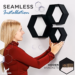 Set of 3 Pine Wood Hexagon Shelves for Wall Decor - Farmhouse Honeycomb Shelves for Living Room Decor, Kitchen Storage, Wall Mount Rustic Boho Shelves