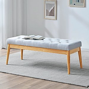 Kingfun Extra-Long Upholstered Tufted Bed Bench Seat for Bedroom, Entryway Wood Bench with Sturdy Wooden Legs, Buttoned Vanity Rectangle Dining Bench (Grey)