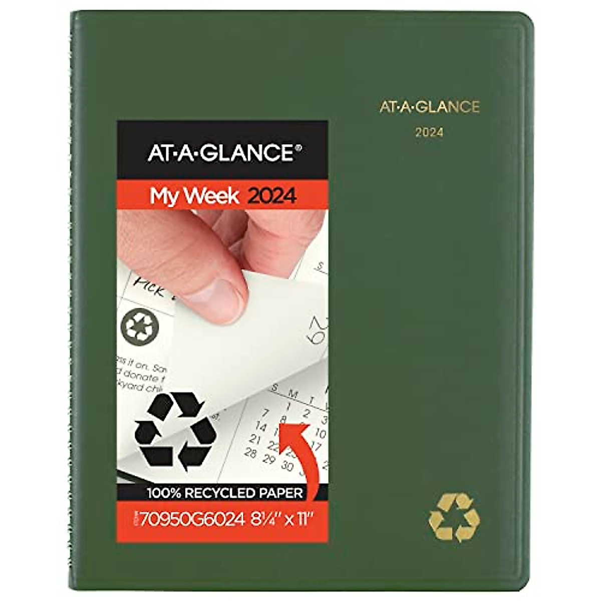 AT-A-GLANCE 2024 Weekly & Monthly Planner, Quarter-Hourly Appointment Book, 8-1/4" x 11", Large, Recycled, Monthly Tabs, Green (70950G6024)