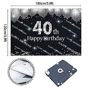 Silver and Black Happy 40th Birthday Backdrop Banner Decorations for Women Men 40 Years Old Bday Background Photography Party Decor Sign Supplies
