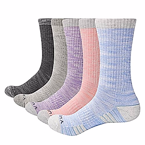 YUEDGE Women's Patchwork Cotton Crew Socks Moisture Wicking Cushioned Casual Womens Socks Outdoor Hiking Athletic Socks For Women Size 6-9, Multicolor, 5 Pairs