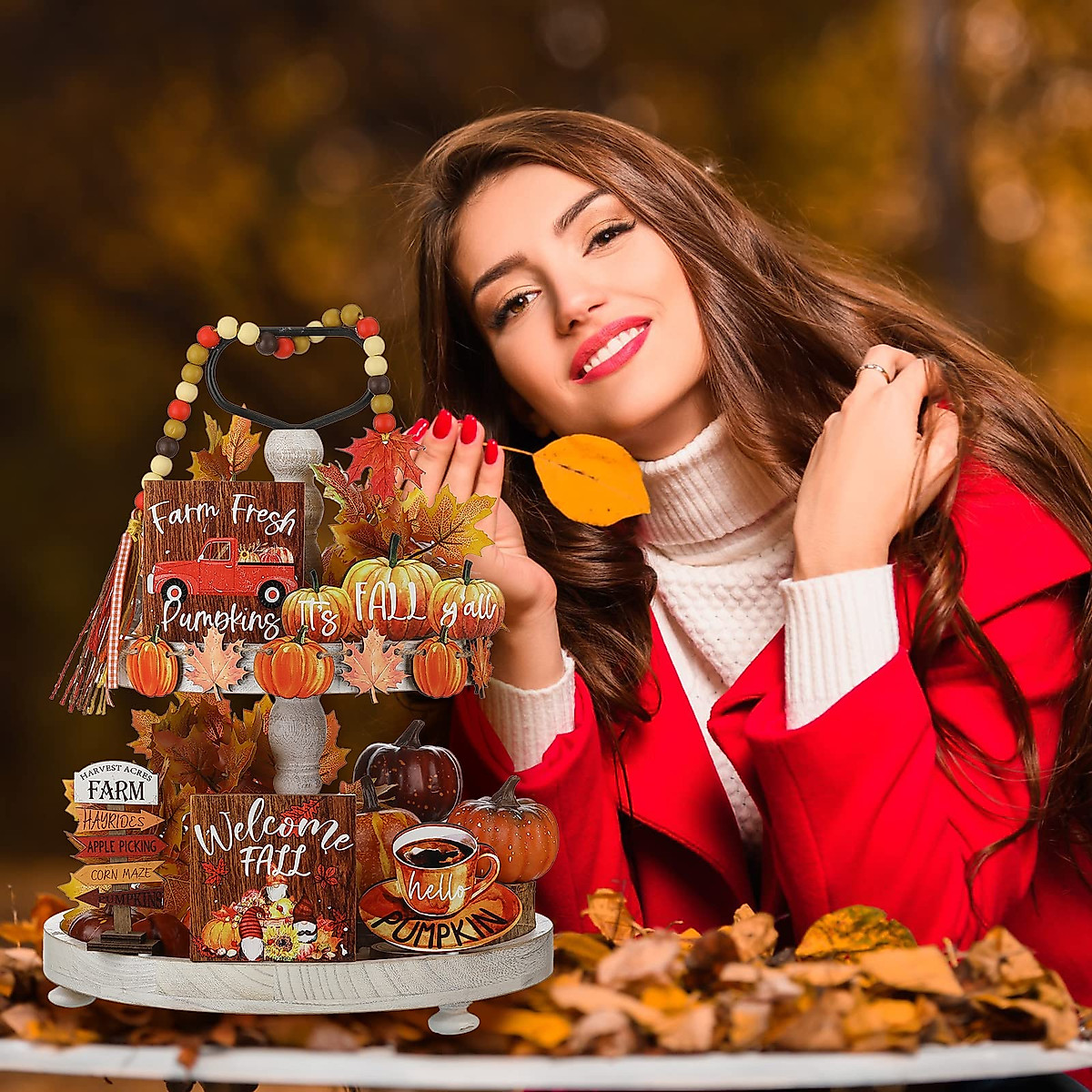 Ferraycle 12 Pcs Fall Tiered Tray Decor Hello Fall Decor Autumn Wood Signs Thanksgiving Pumpkin Maple Leaves Wooden Sign Orange Fall Tabletop Signs for Home Rustic Harvest Table Centerpiece