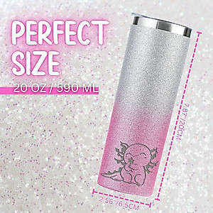 Onebttl Cute Axolotl Gifts for Girls/Women, Axolotl Stuff, Axolotl Water Bottle, Insulated 20 oz Stainless Steel Skinny Tumbler with Straw, Brush, Lid, and Gifts Box, Pink-Silver Gradient Glitter