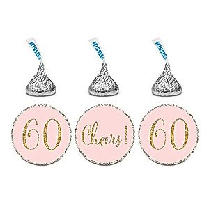 Andaz Press Gold Glitter Print Chocolate Drop Labels Stickers, Cheers 60, Happy 60th Birthday, Anniversary, Reunion, Blush Pink, 216-Pack, Not Real Glitter, for Kisses Party Favors