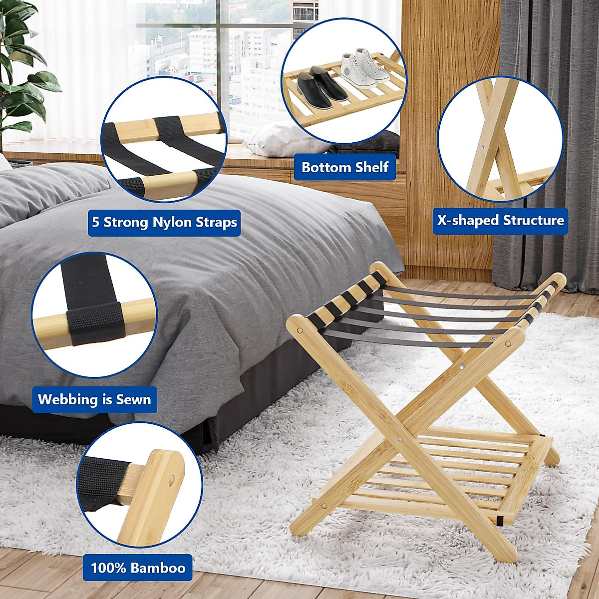 Smuxee Fully Assembled Luggage Rack for Guest Room, Upgraded Bamboo Foldable Suitcase Stand with 5 Nylon Straps, Nature Luggage Holder with Shelf for Bedroom Hotel (Nature Luggage Rack 1pcs)