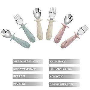 PandaEar 6 Pieces Baby Toddler Silicone Stainless Steel Utensils Silverware Spoon Fork for Baby Toddler BPA Free with Silicone Holding Anti-Choke Design