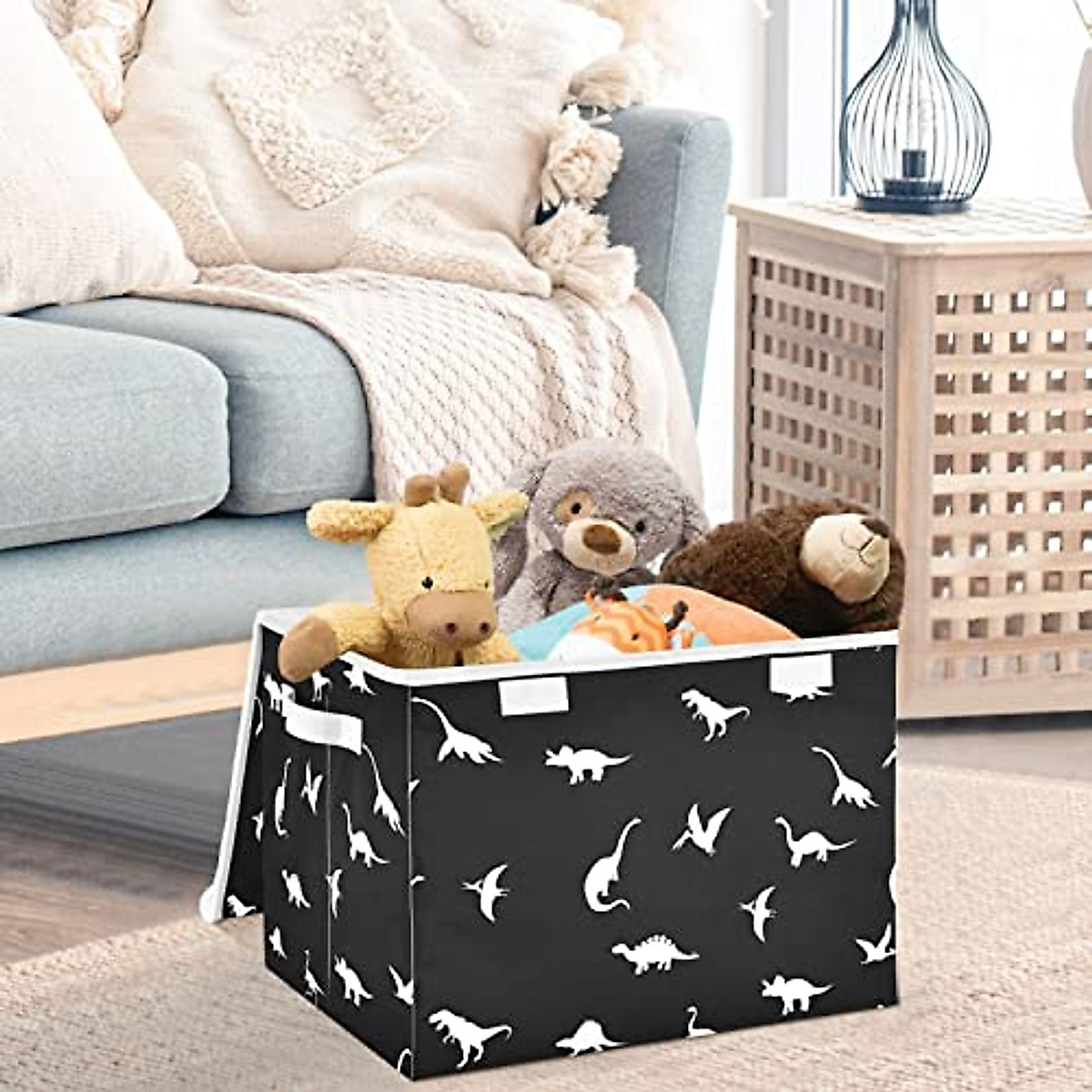 CaTaKu Dinosaurs Silhouettes Black Storage Bins with Lids Fabric Large Storage Container Cube Basket with Handle Decorative Storage Boxes for Organizing Clothes Shelves