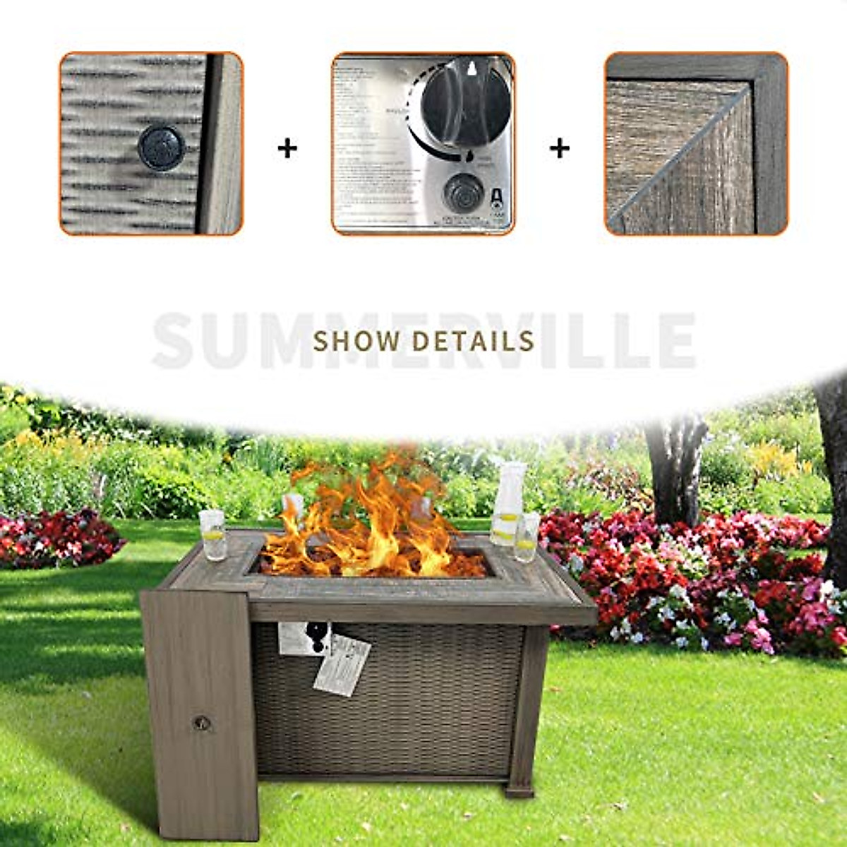 Propane Fire Fit Table, Summerville 42 inch Gas Fire Table Outdoor Smokeless Square 50,000 BTU Auto-Ignition Firepits with Lava Stone for Patio,Garden,Backyard
