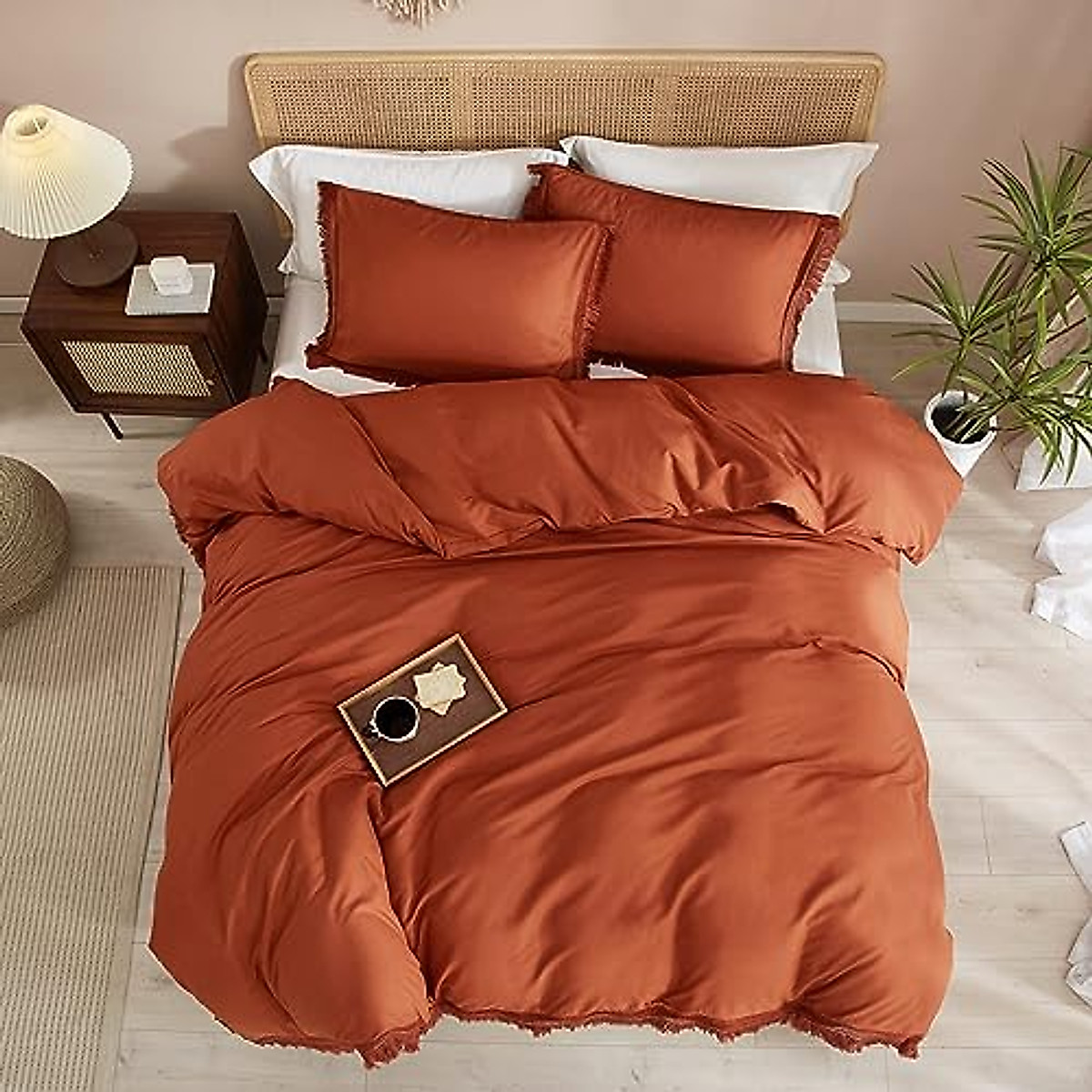 Smoofy California King Comforter Set Terracotta 3 Pcs Boho Fringe Tufted Soft Microfiber Oversized Bedding Sets, Tassel Burnt Orange Comforter Sets for All Season (1 Comforter + 2 Pillowcases)