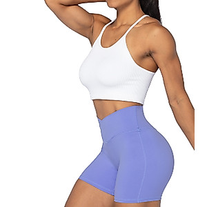 Sunzel Sunzfly Crossover Biker Shorts for Women, V Criss Cross High Waist Yoga Workout Gym Shorts with Tummy Control 4" Periwinkle Medium