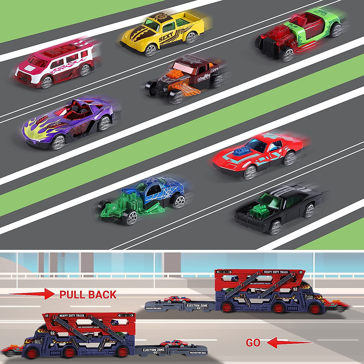 Toddler Boys Toys for 3-4 Year Old,Large Transport Cars Carrier Set Truck Launcher Toys with 8 Die-cast Vehicles Truck Toys Cars,Ideal Gift Toys for Kids Age 3-7